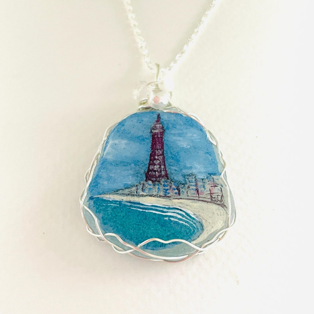 Hand Painted Blackpool Tower Sea Glass Necklace: Fire Polished Beads ...