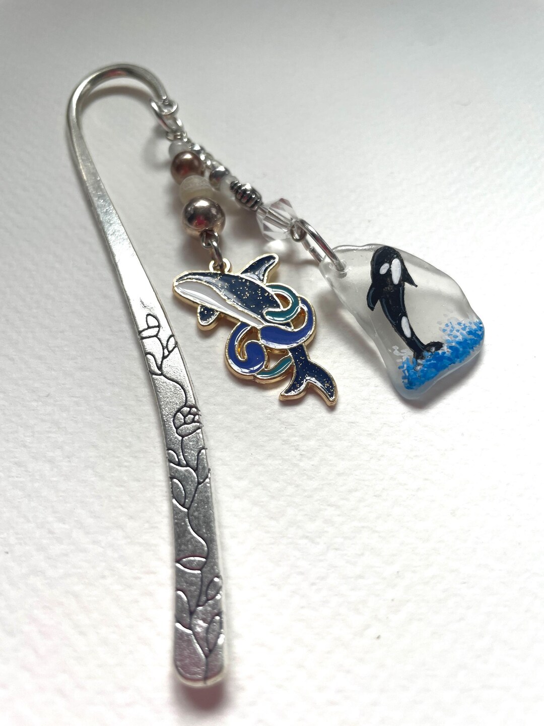 Orca Hand Painted Sea Glass 12cm BOOKMARK - Wire Wrapped With Pretty ...