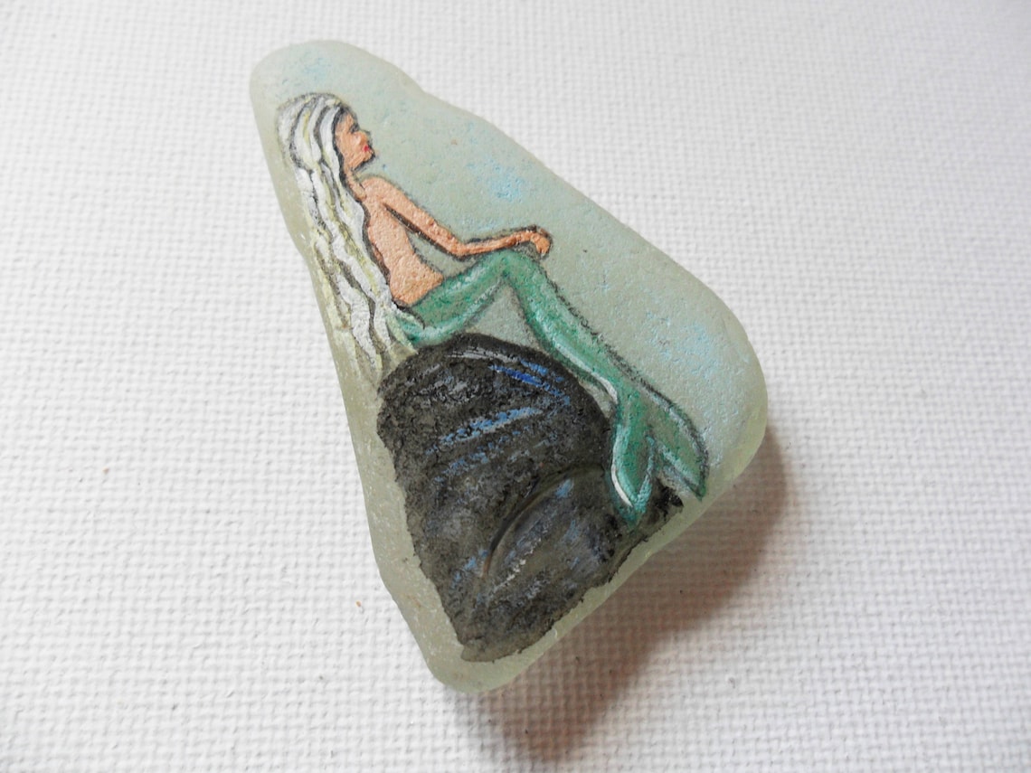 Mermaid on a Rock Sea Glass Magnet Painted to Order | Etsy