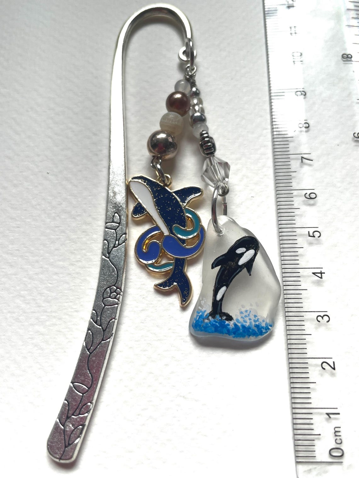 Orca Hand Painted Sea Glass 12cm BOOKMARK - Wire Wrapped With Pretty ...