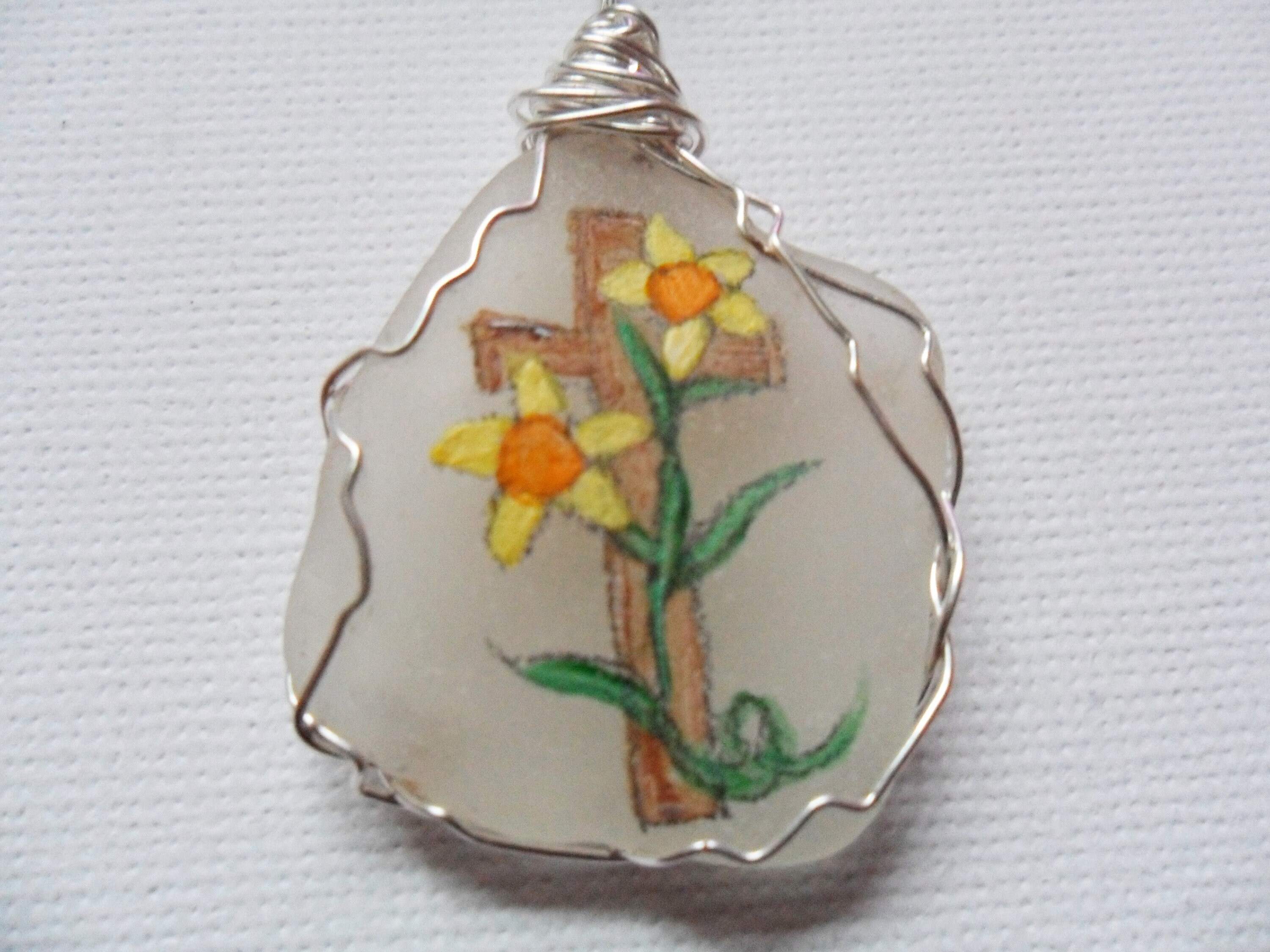Hand Painted Daffodil Cross Necklace: Christian Easter Gift, 18" Cord ...