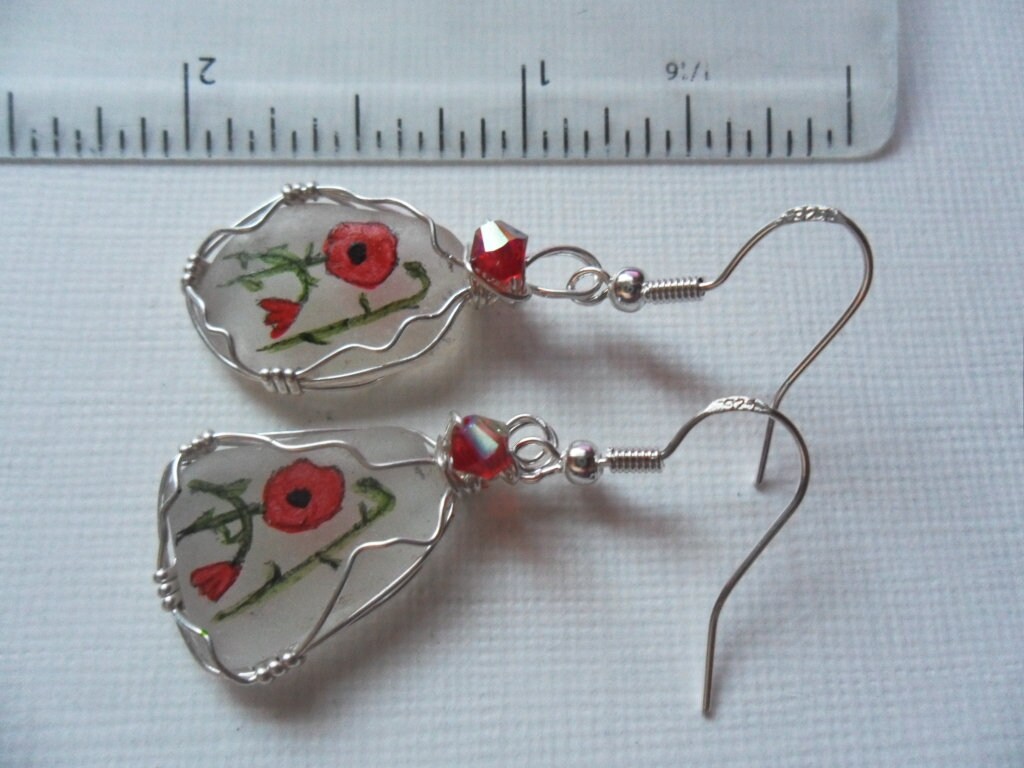 Poppy Flower Hand Painted Dangle Earrings - Sea Glass & Wire Wrapping ...