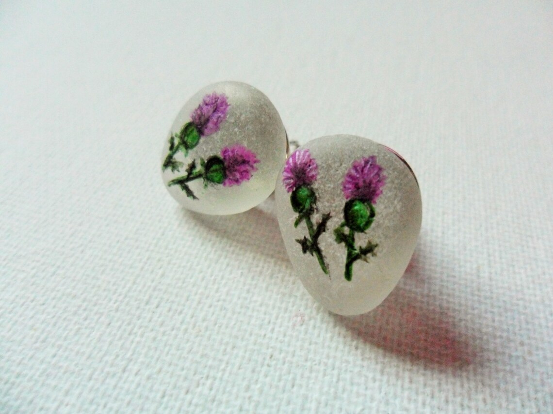 Scottish Thistle Hand Painted Stud Earrings - Painted on English Sea ...
