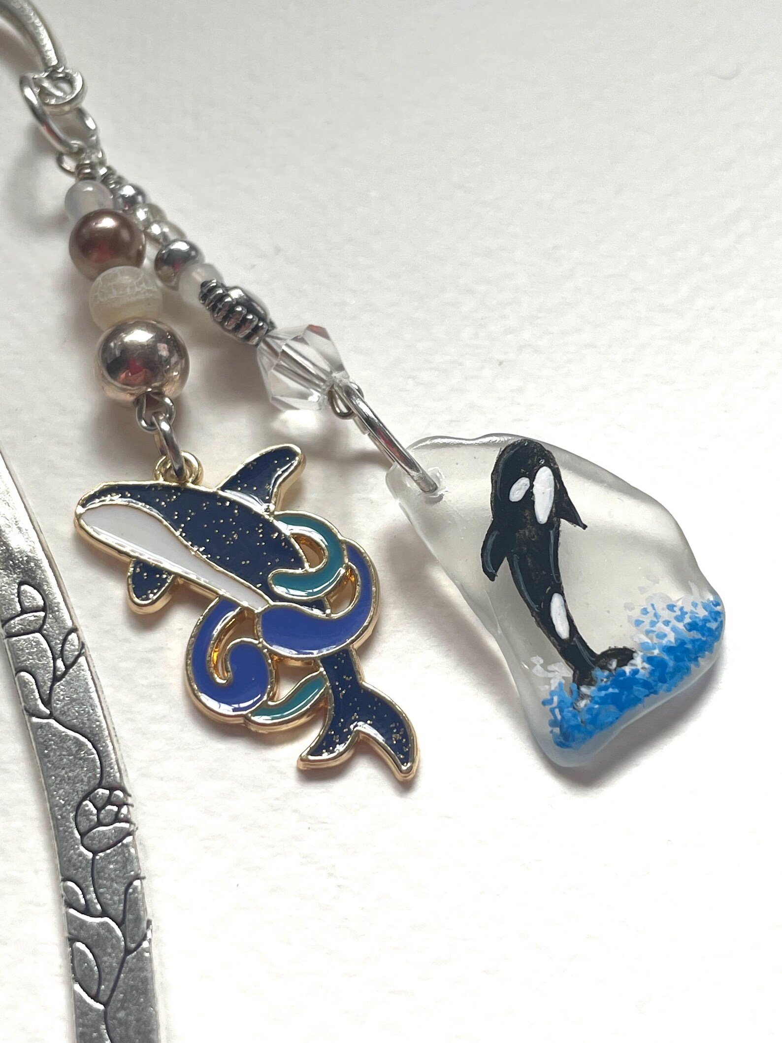 Orca Hand Painted Sea Glass 12cm BOOKMARK - Wire Wrapped With Pretty ...