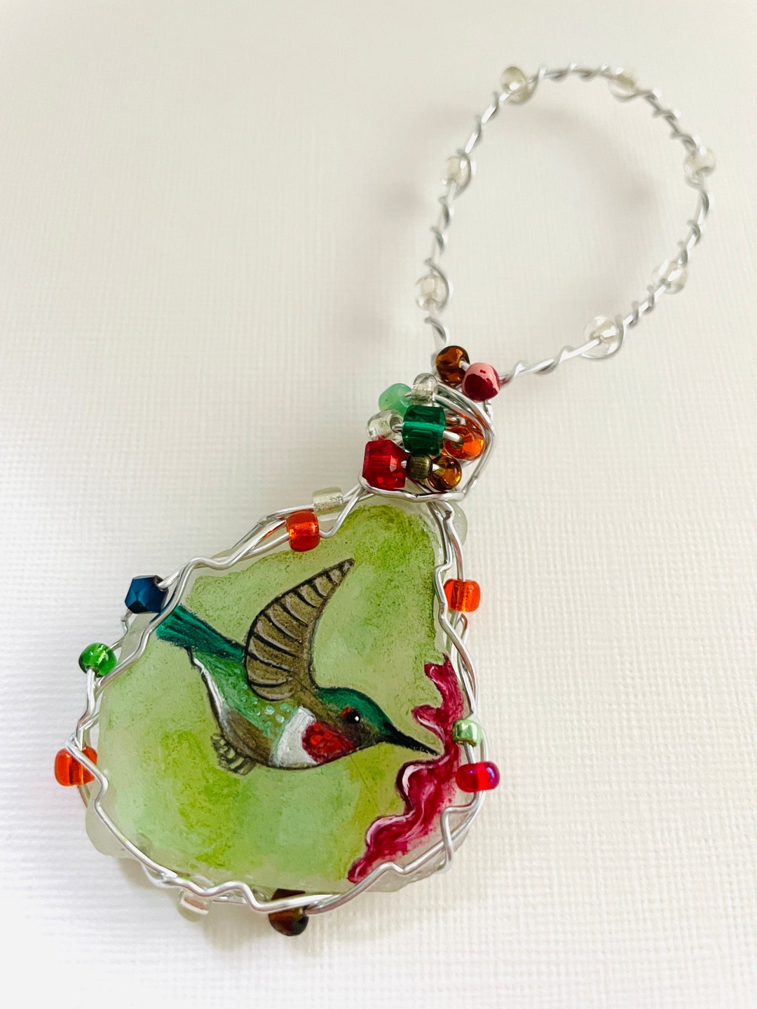Hummingbird Sea Glass Christmas Tree Decoration - Hand Painted English ...