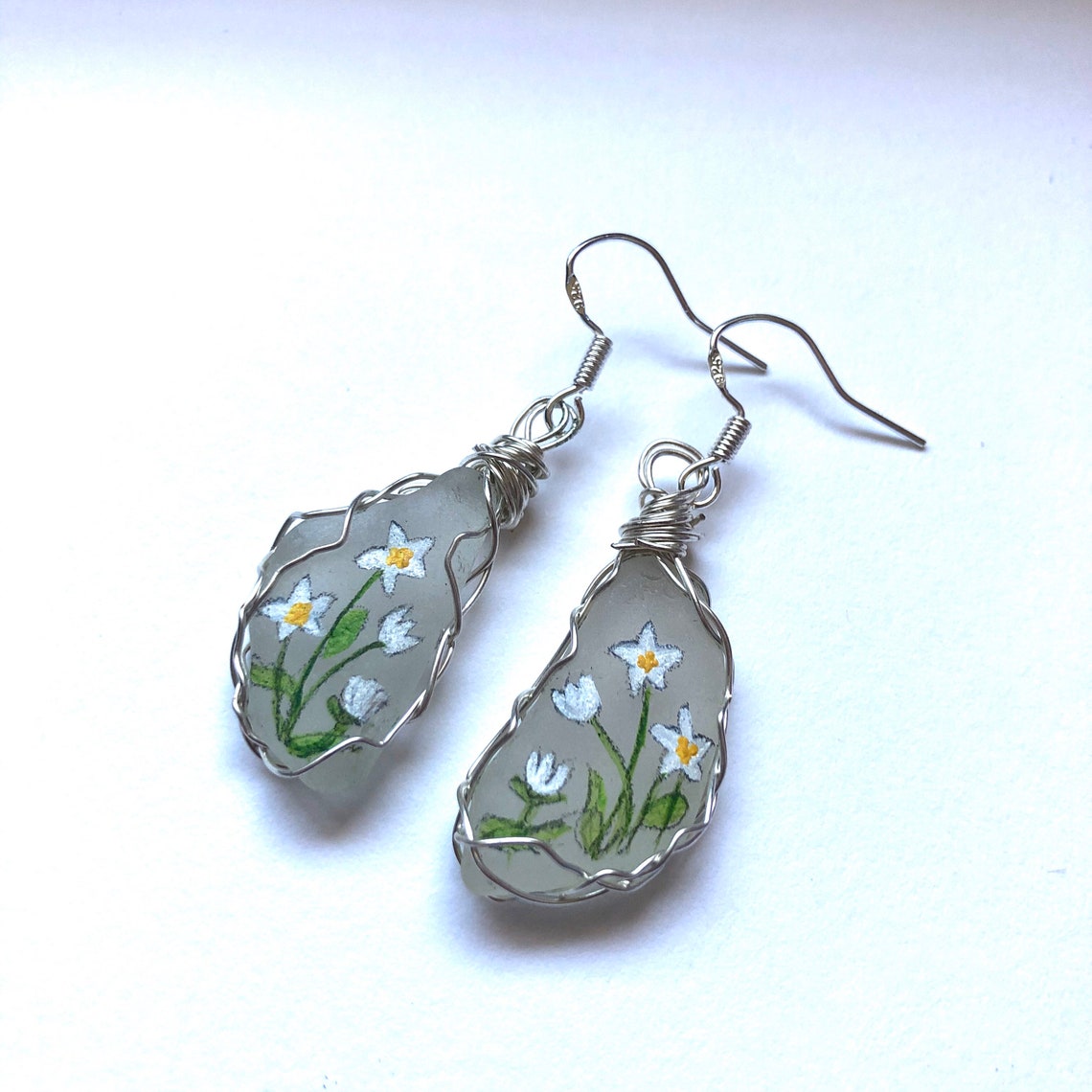 Mayflowers Hand Painted Dangle Earrings - Sea Glass & Wire Wrapping ...