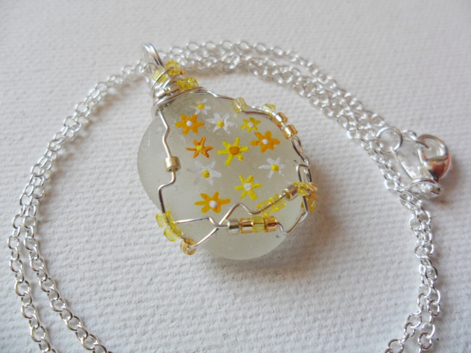 Golden Yellow Flowers Hand Painted Sea Glass Necklace With | Etsy