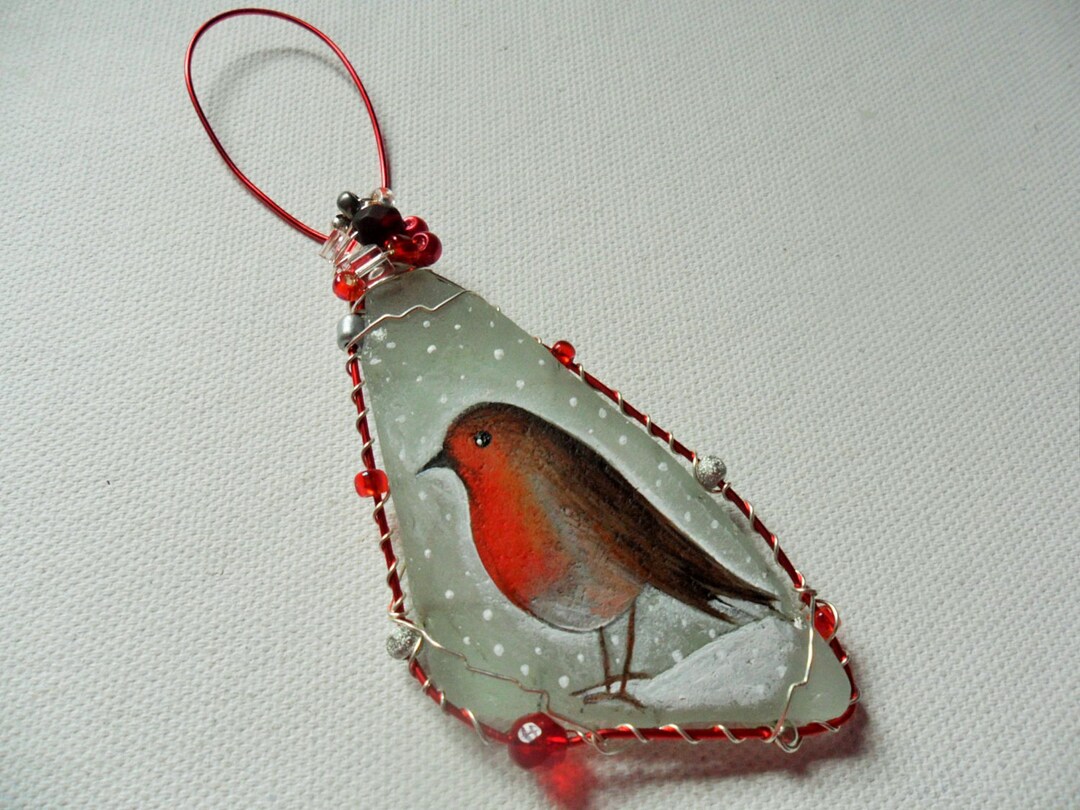Large Sea Glass Robin Bird Hanging Christmas Tree Decoration- Hand ...
