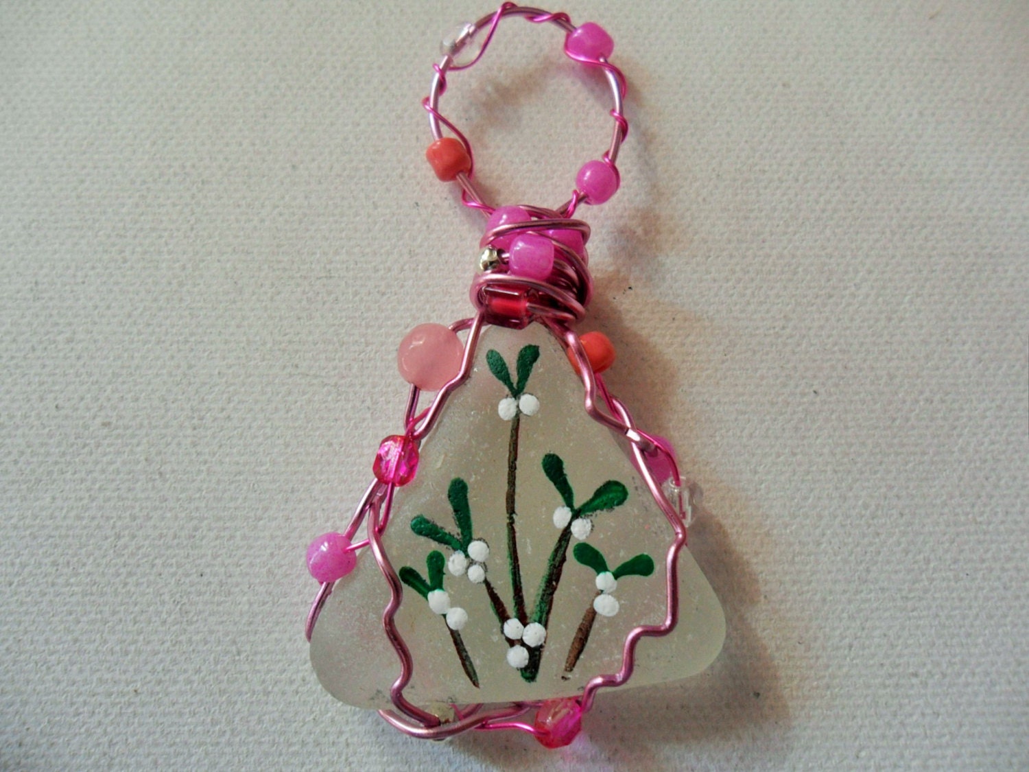 Mistletoe - Hand Painted and Beaded Sea Glass Christmas Tree Decoration ...