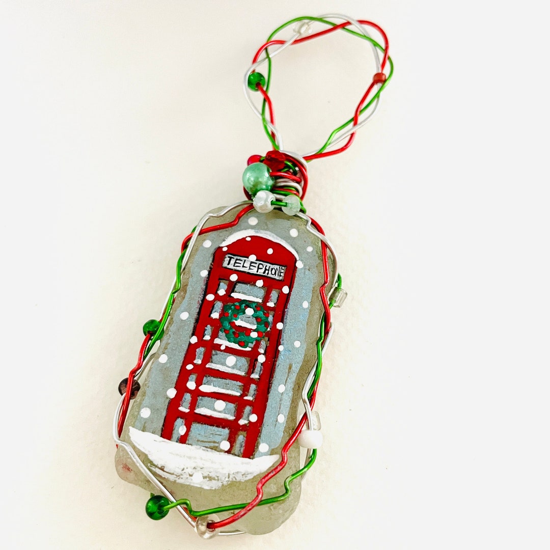 Snowfall Red Telephone Box Hand Painted Sea Glass Christmas Tree ...