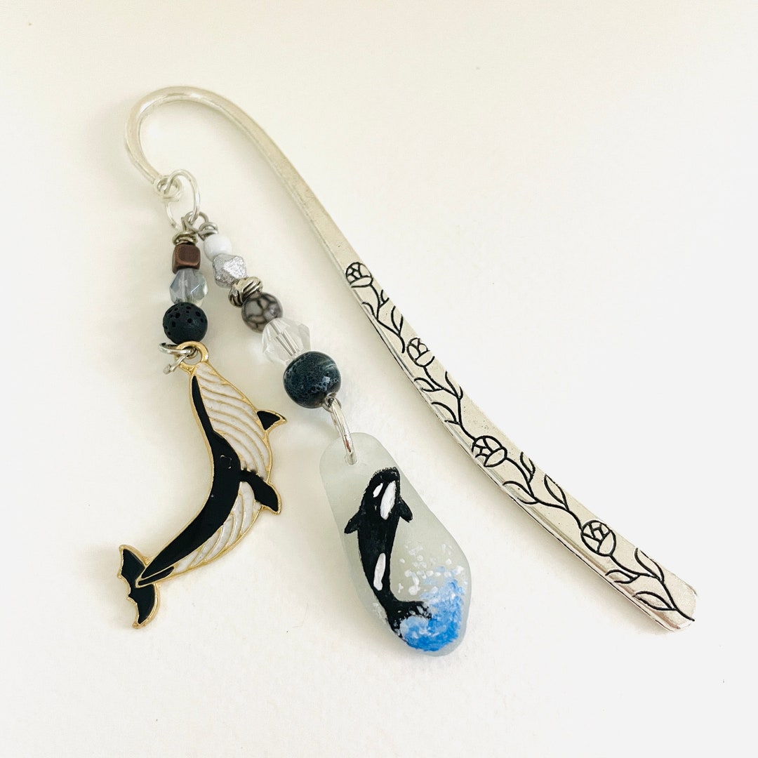 Orca Hand Painted Sea Glass 12cm BOOKMARK Wire Wrapped With Pretty ...