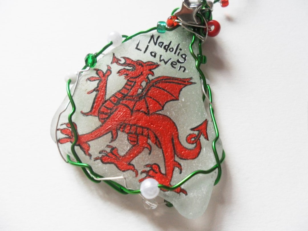 Welsh Dragon Christmas Tree Decoration - Hand Painted Wired and Beaded ...