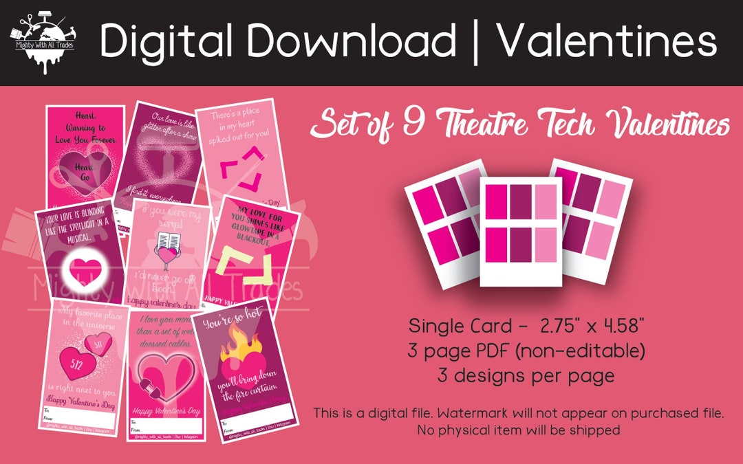 Theatre Tech Valentines, Set of 9, **digital Download**, Technicians ...
