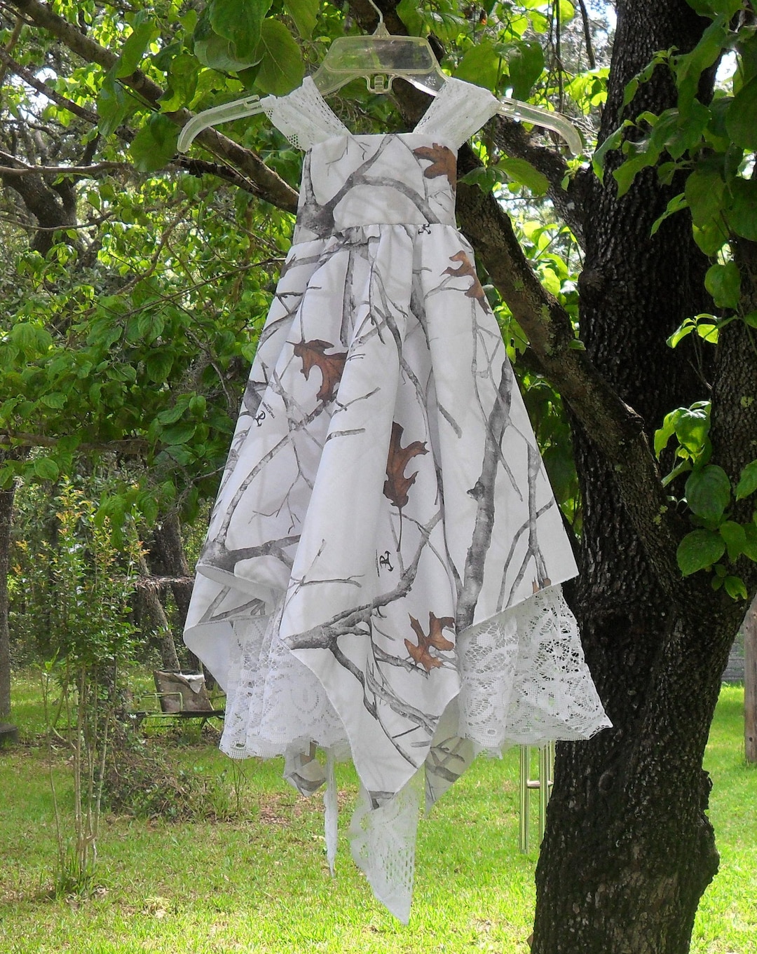 Made With White Concealed Camo & Lace Handkerchief Hem Sundress. Other ...