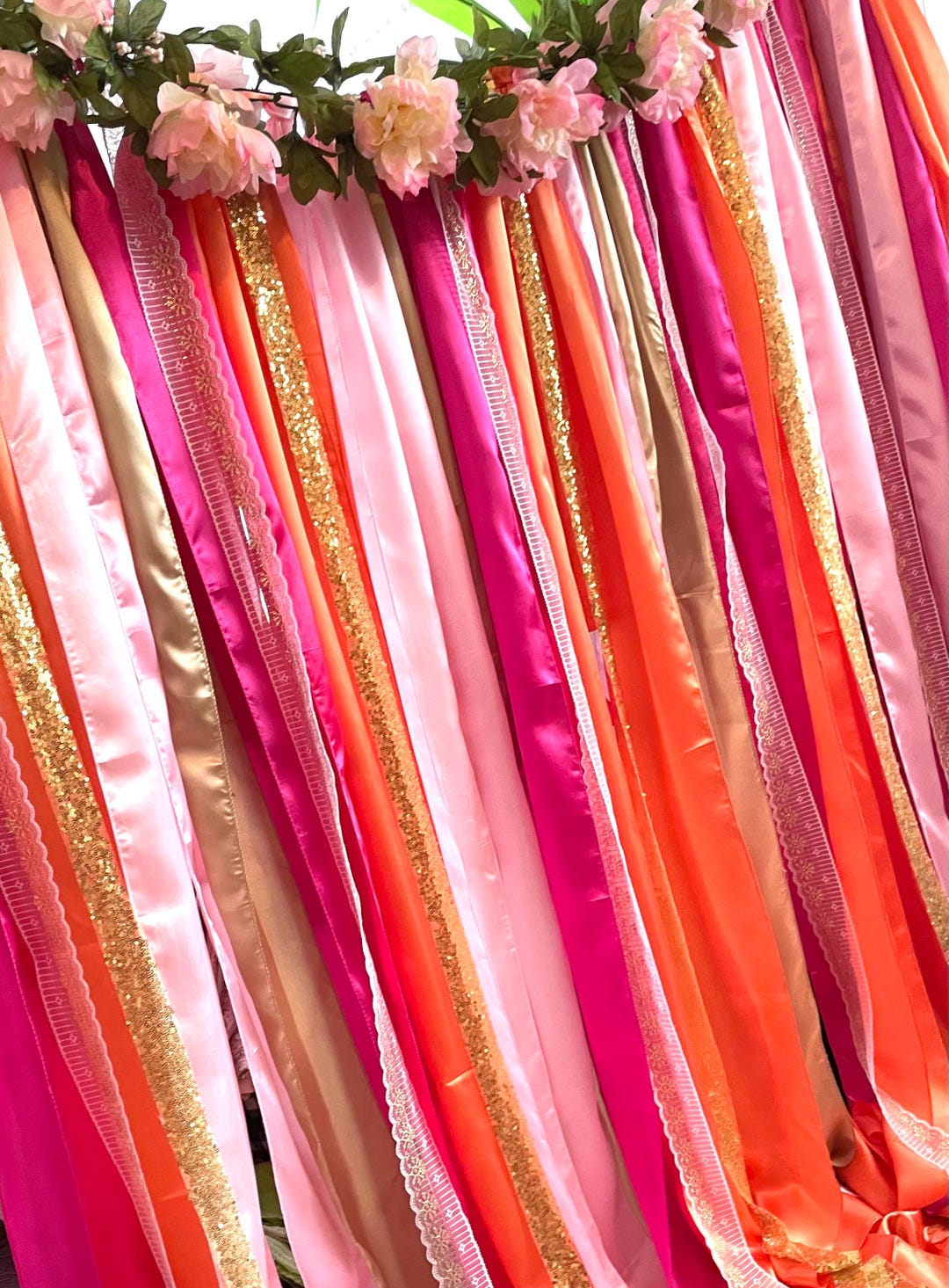 Backdrop 9 Foot Long Large Garland Orange Hot Pink Ribbon Curtain ...