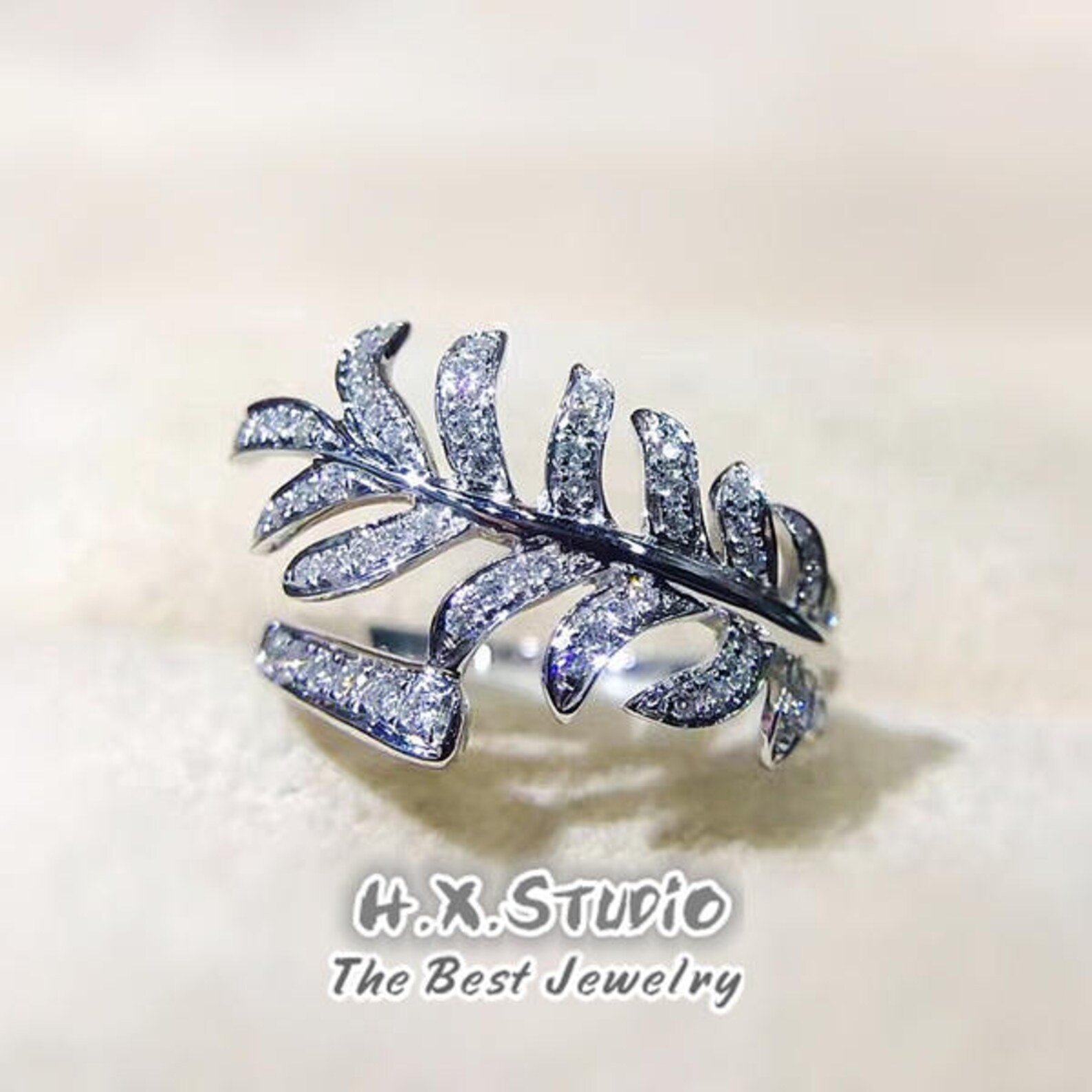 Diamond Feather Ring in Solid 18K Gold/art Deco Fashion Ring/nature ...