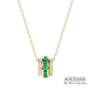 Diamond Emerald Rotatable Pendant Necklace in Solid 18k Gold/rotating ...
