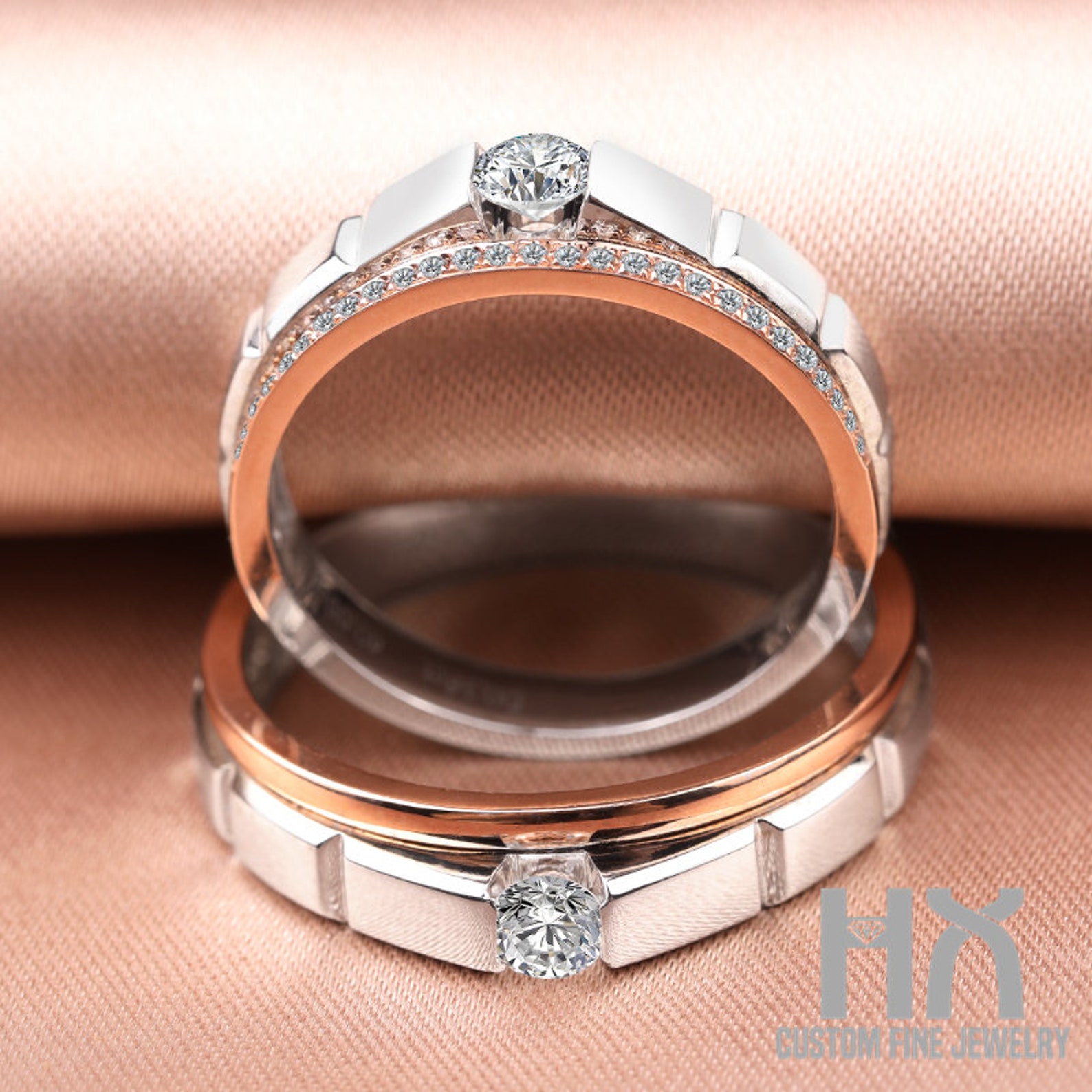 Diamond Matching Wedding Bands in Two Tone 18k Gold/couple - Etsy