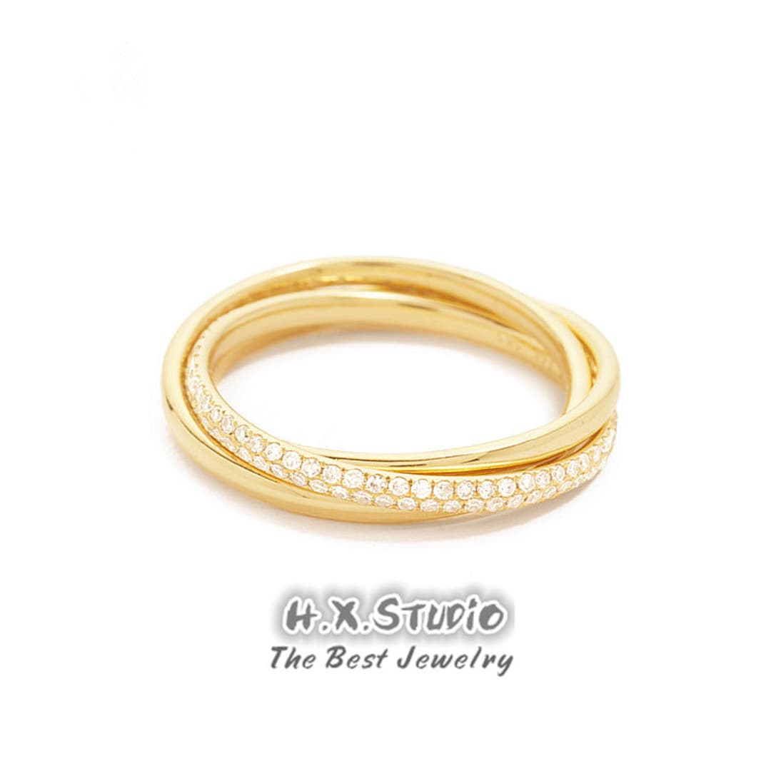 Solid 14k Gold Interlocking 3 Bands Rolling Diamond Ring, Unique ...