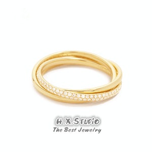 Solid 14k Gold Interlocking 3 Bands Rolling Diamond Ring, Unique ...