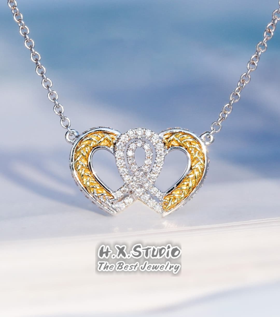 Diamond 'forever Love' Double Heart Necklace in Solid 18K Gold/custom ...