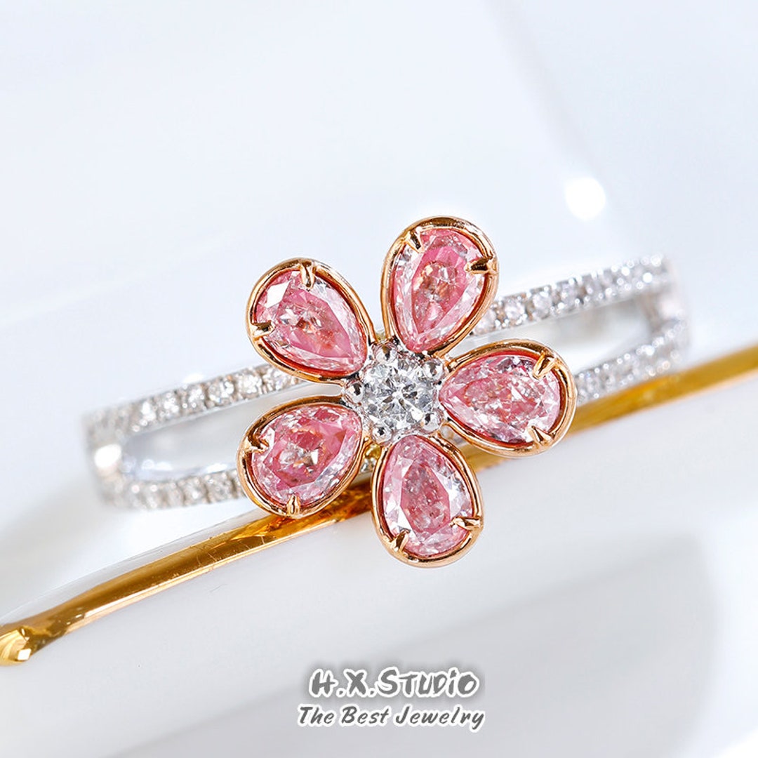 Pink Diamond Flower Double Band Statement Ring in Solid 18K Gold/custom ...