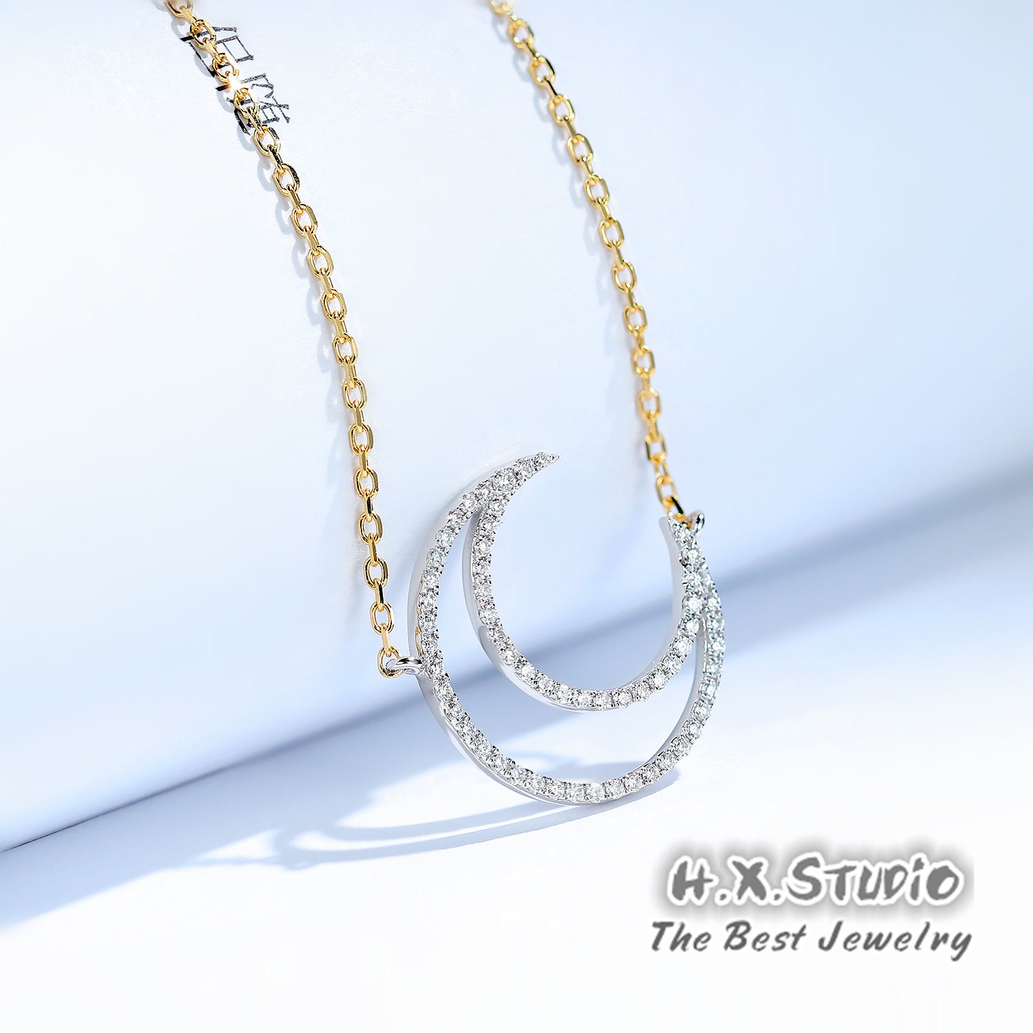 Diamond Crescent Moon Pendant Necklace in Solid 18k | Etsy