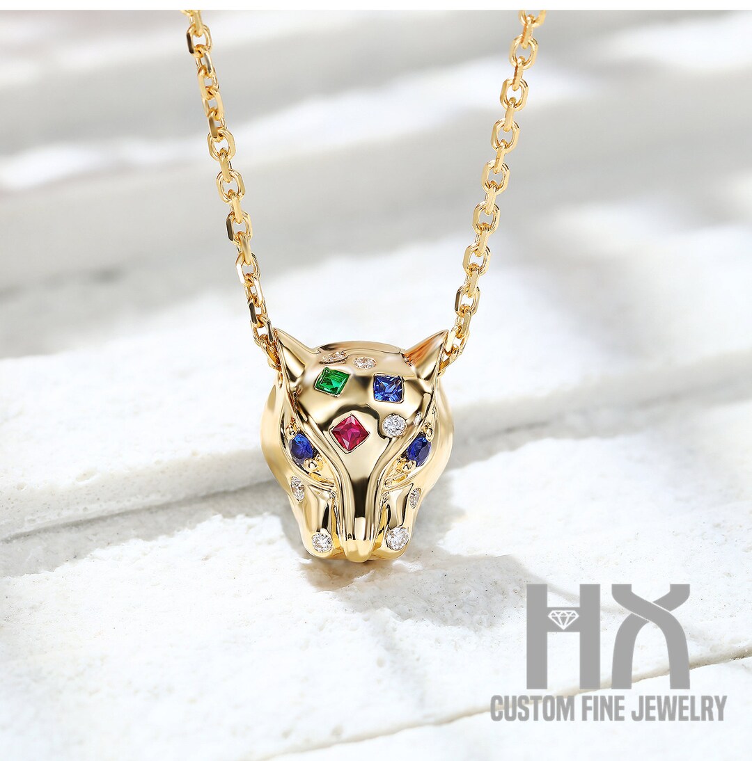 Multi-gems and Diamond Leopard Head Pendant Necklace in Solid 18k Gold ...