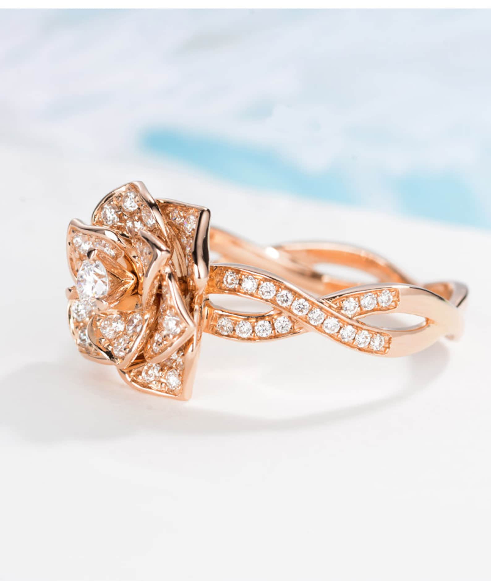 Rose Flower Diamond Ring in Solid 18K Gold/floral Statement Ring/custom ...