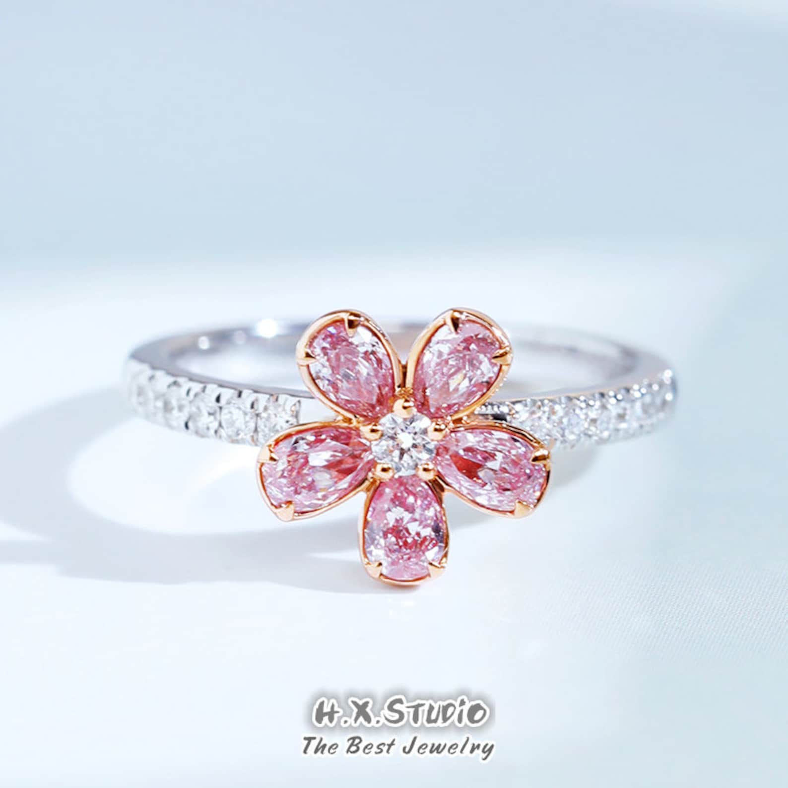 Pink Diamond Flower Ring in Solid 18k Gold/floral Engagement Wedding ...