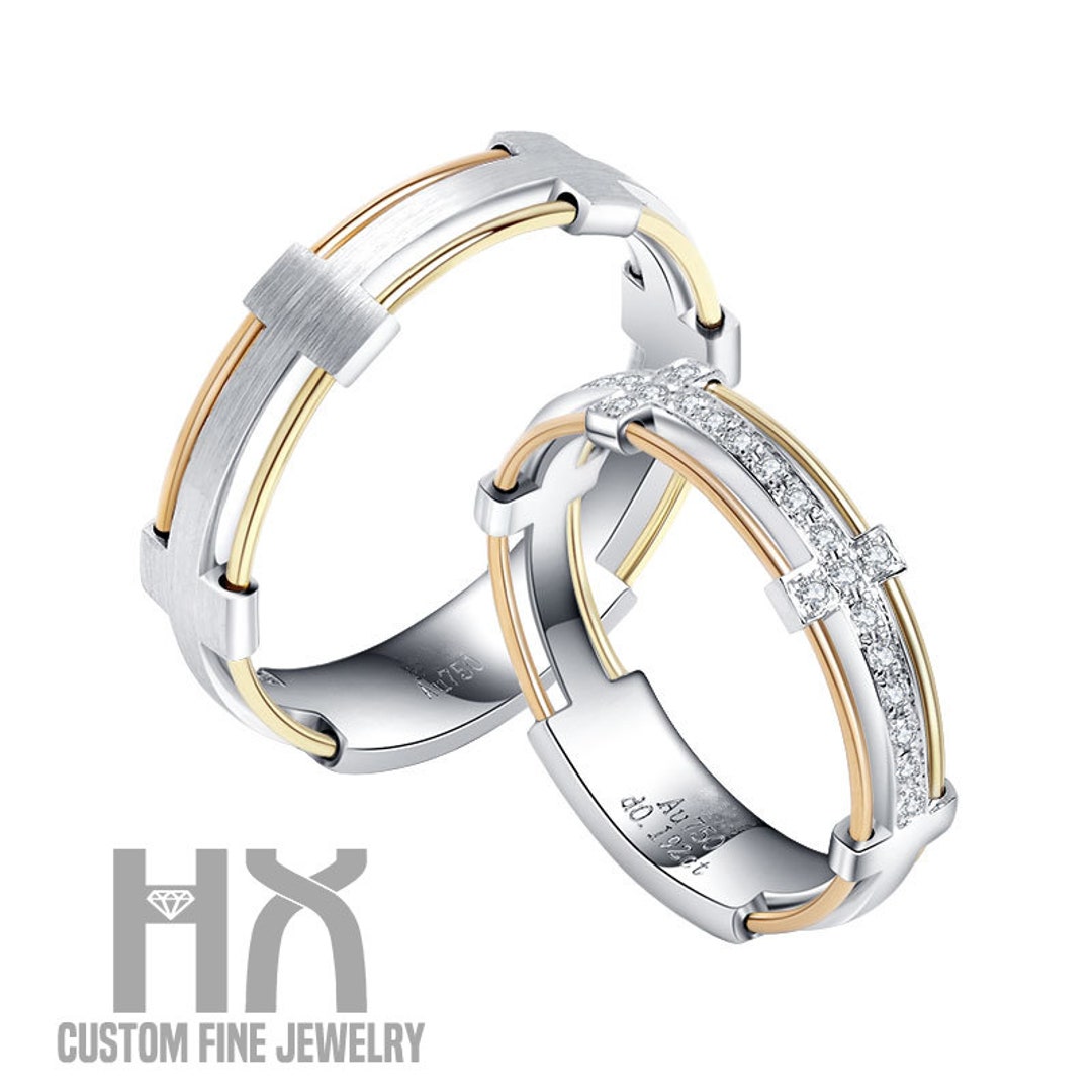 Diamond Matching Wedding Rings in Three Tone 18k Gold/couple Ring Set ...