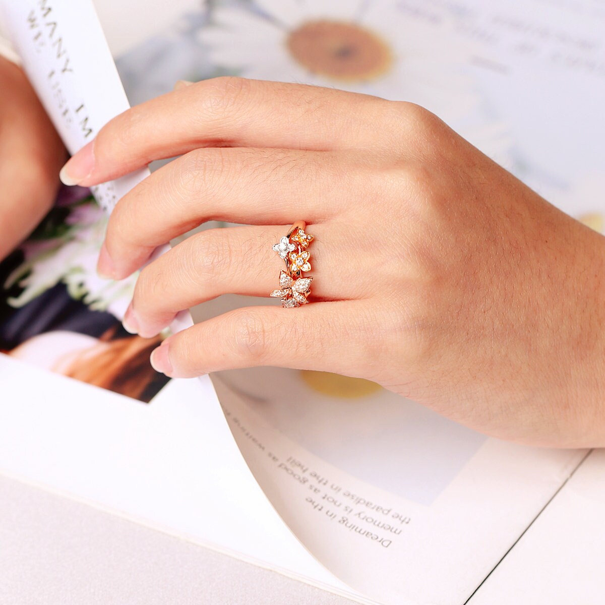 Diamond Butterfly and Flower Ring in Solid 18k 3-tone Gold/custom Fine ...