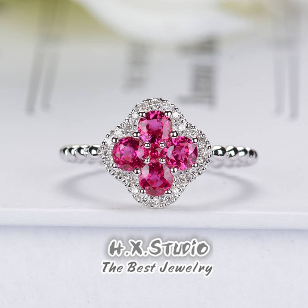 Ruby Diamond Lucky Clover Ring in Solid 18k Gold/diamond Ruby Wedding ...