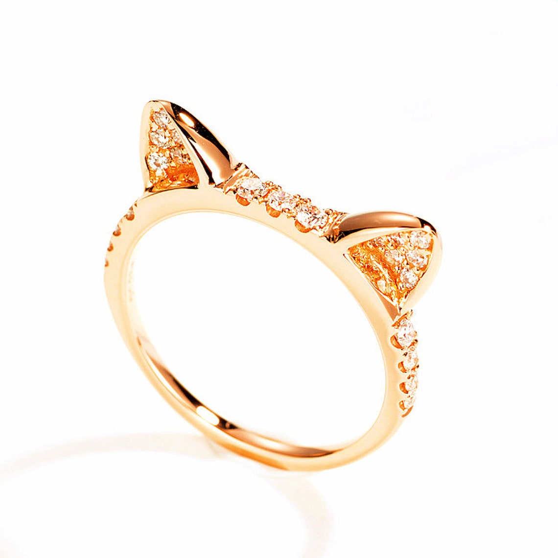 Diamond Cat Ring in Solid 18k Gold/diamond Kitty Ring/cat Ears | Etsy
