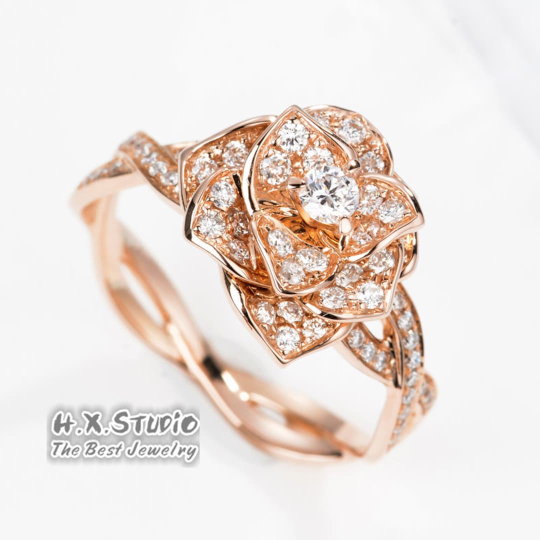 Rose Flower Diamond Ring in Solid 18K Gold/floral Statement Ring/custom ...