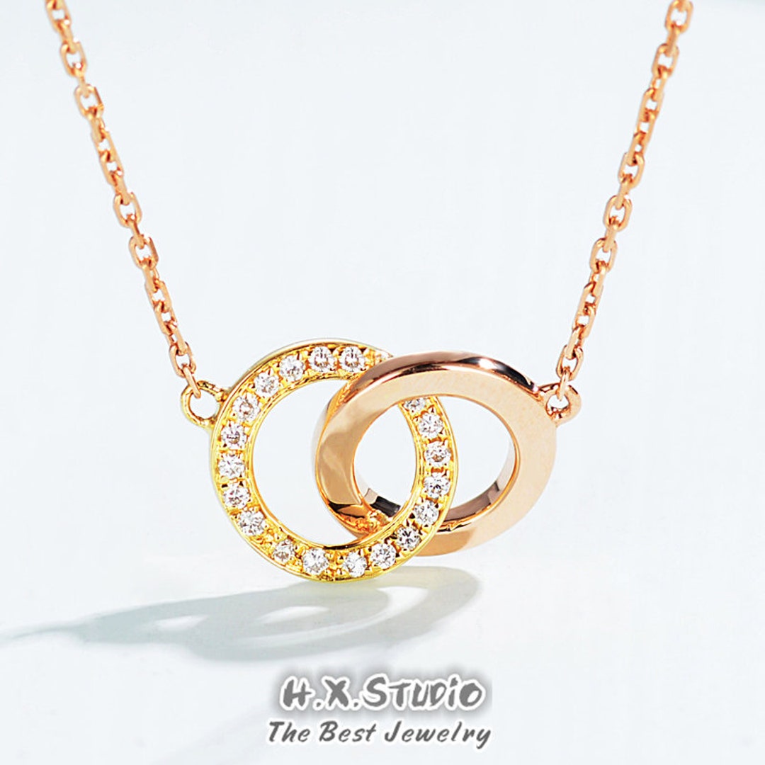 Diamond Interlocking Double Ring Necklace in Solid 18k Gold/custom Fine ...