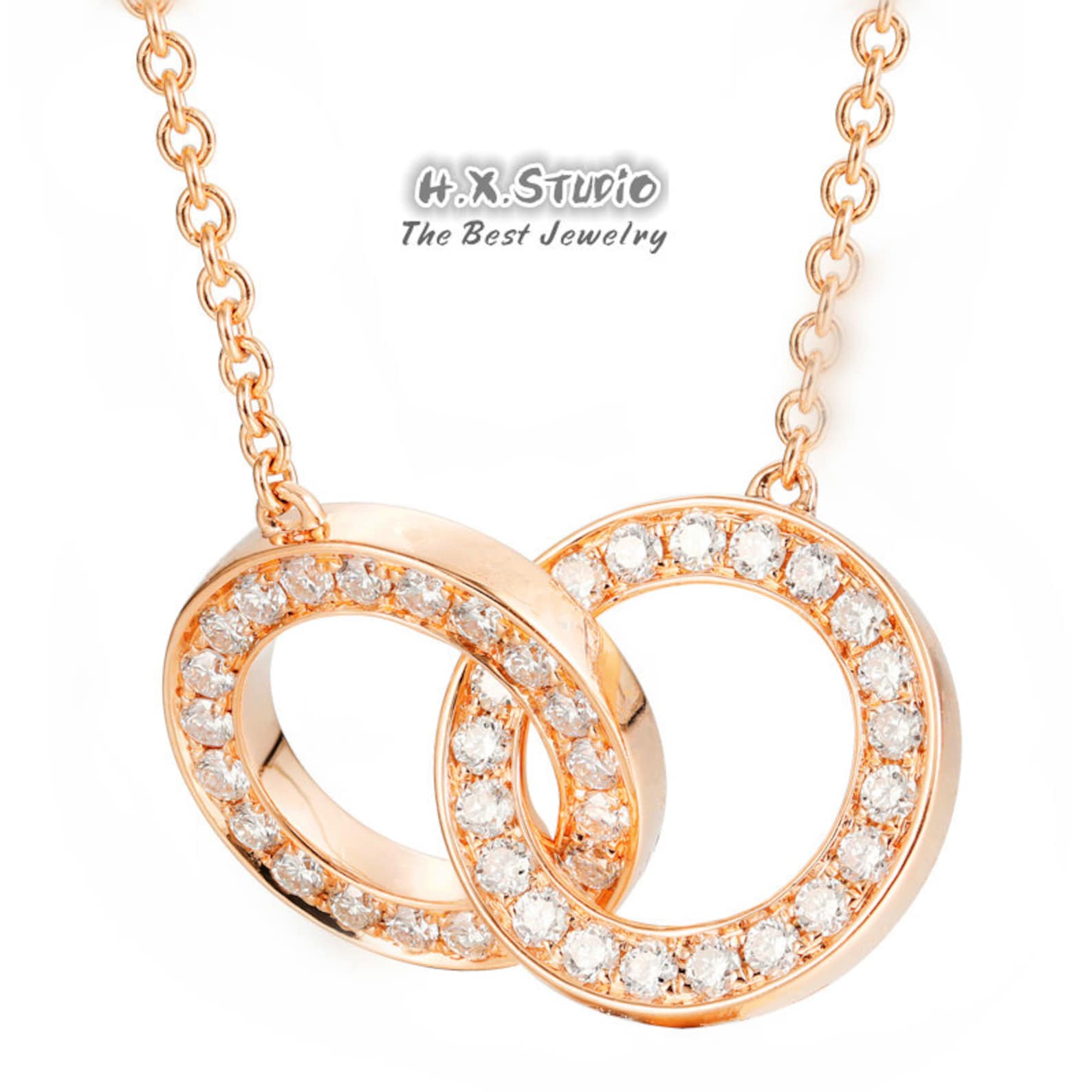 Diamond Interlocking Double Ring Necklace in Solid 18k - Etsy