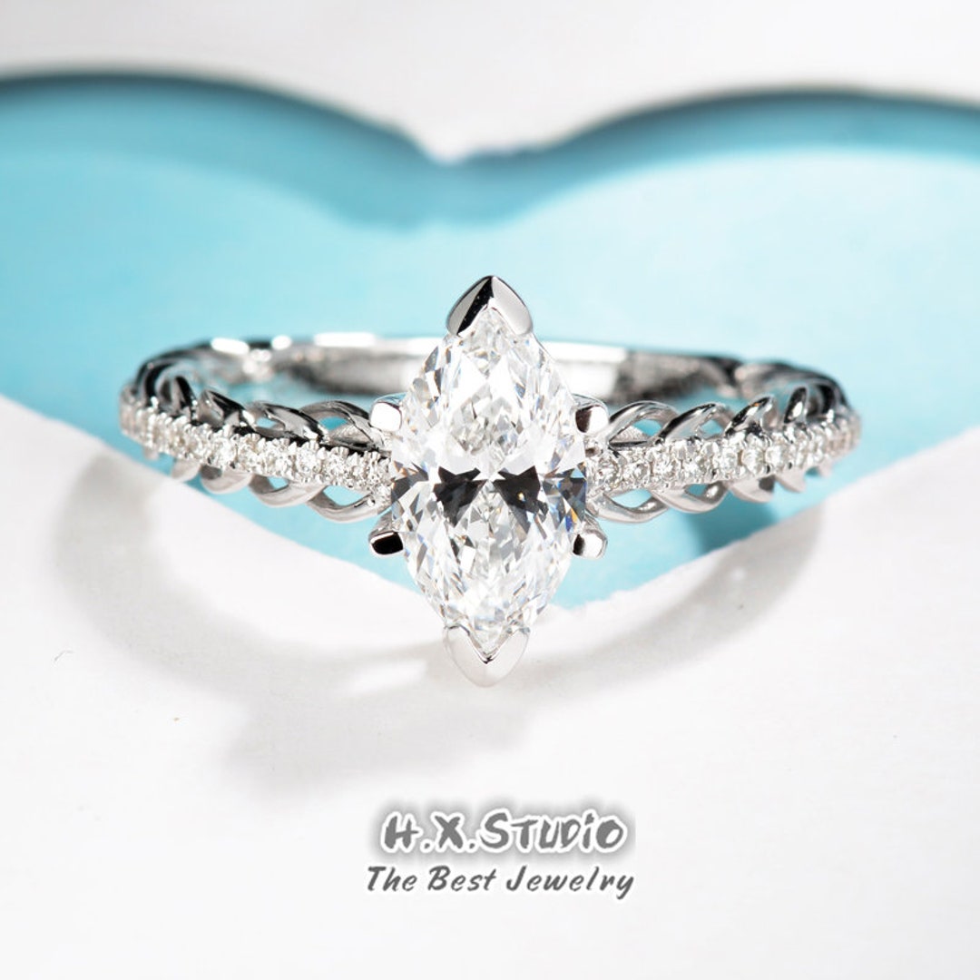 18k Gold Braided Band Engagement Ring (0.1CTW) + 0.5CT Marquise-cut Lab ...