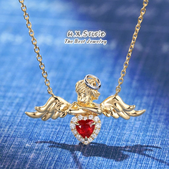 Diamond Ruby Angel Cupid Cherub Love Heart Pendant Necklace in Solid 18K Gold custom Fine Jewelry gift for Women and Girls Etsy