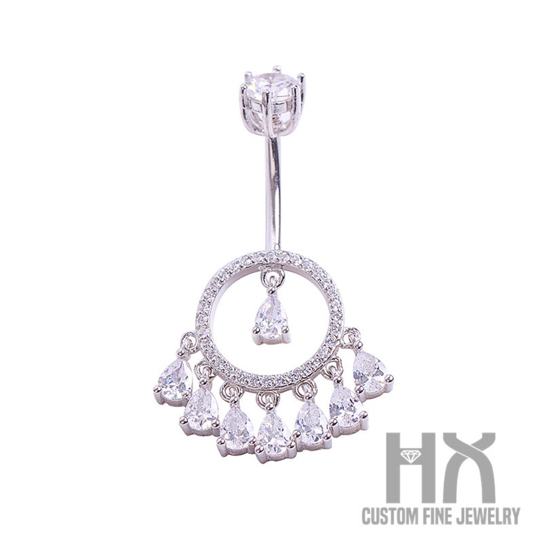 Diamond Circle Navel Ring With Pear Cut Dangles/sexy Navel Ring ...