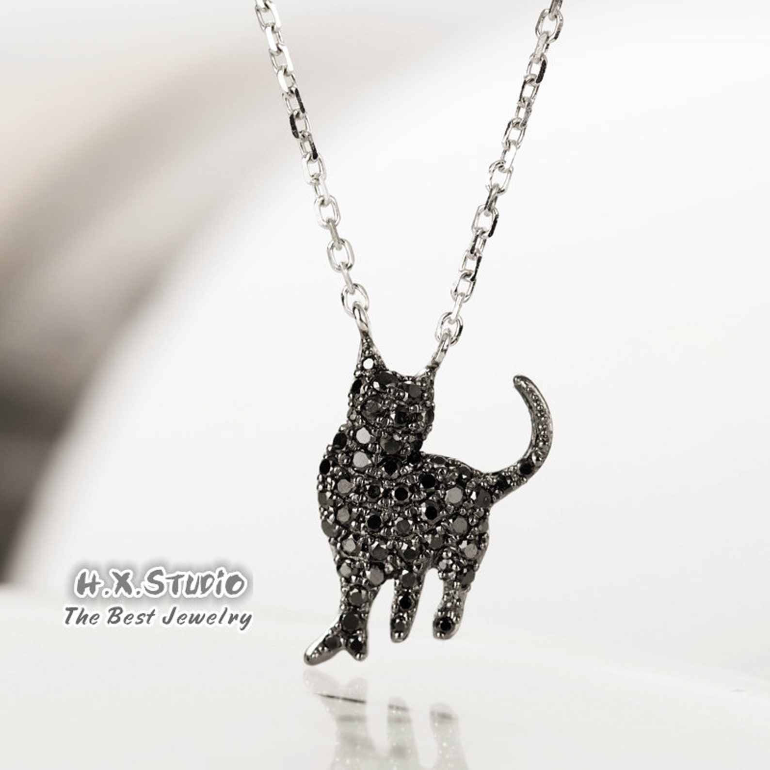 Black Diamond Cat Pendant Necklace in Solid 18k Gold/custom Fine ...