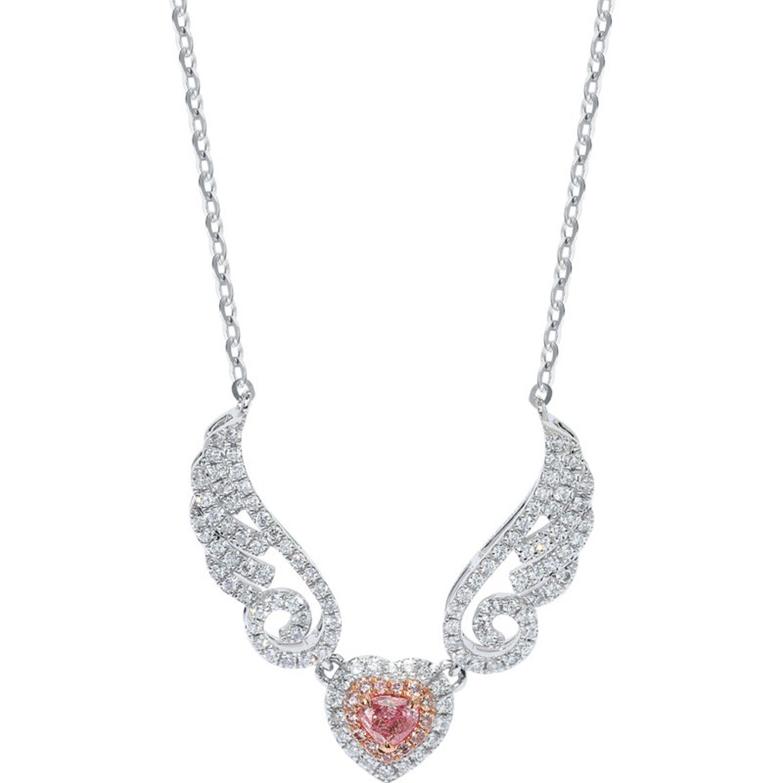 Pink Diamond Heart Angel Wings Pendant Necklace in Solid 18k - Etsy