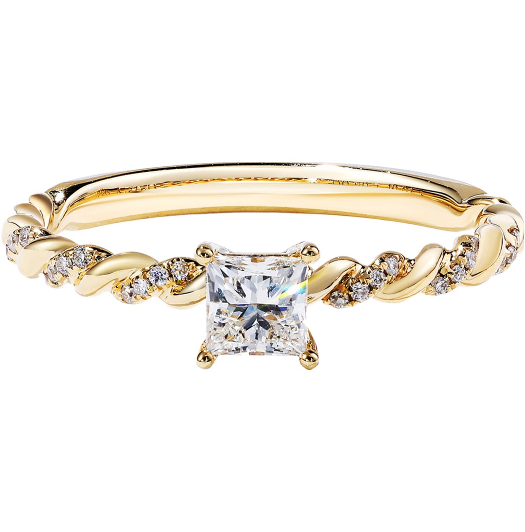 18k Gold Twisted Pave Band Engagement Ring (0.10 CTW) + 0.5CT Princess ...