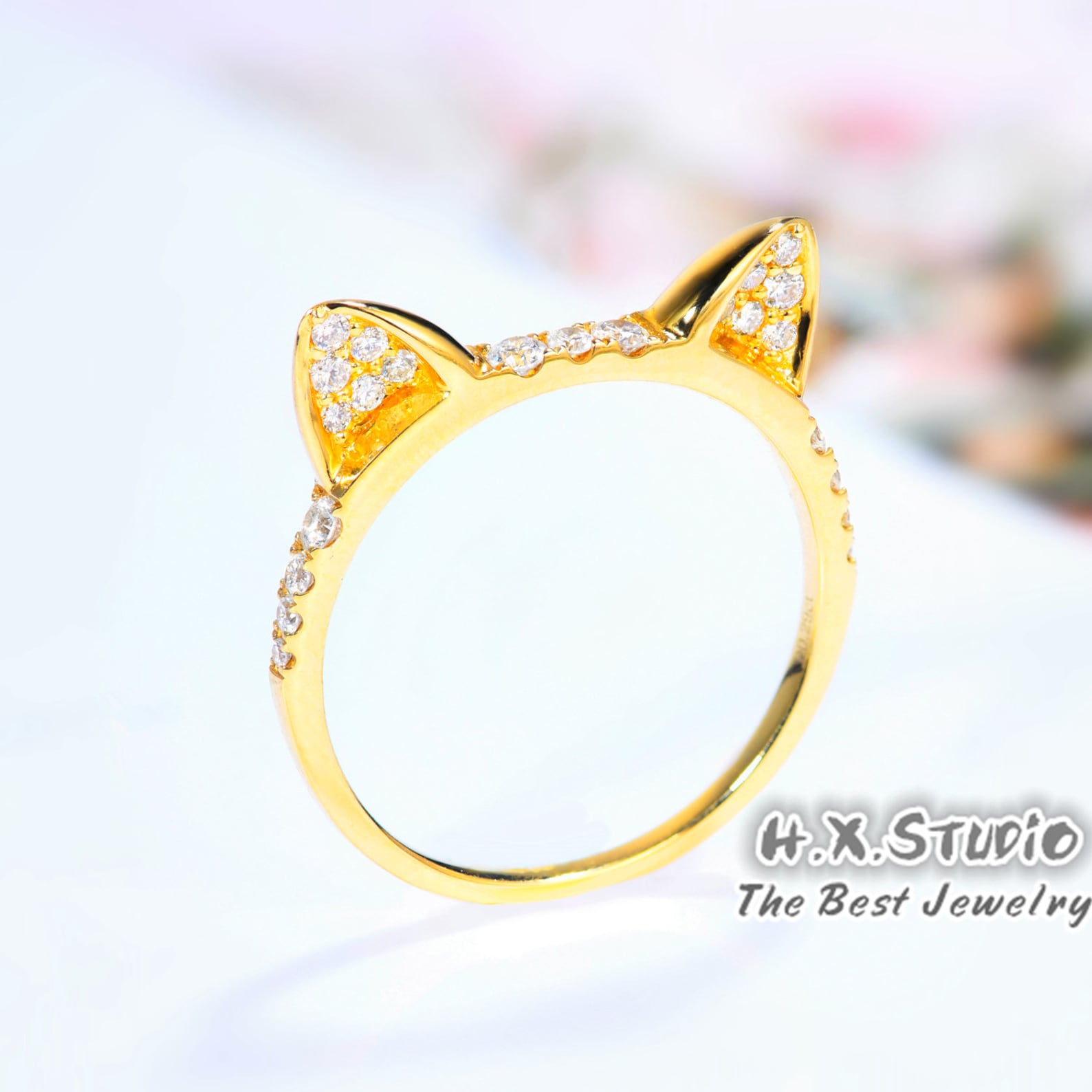 Diamond Cat Ring in Solid 18k Gold/diamond Kitty Ring/cat Ears - Etsy