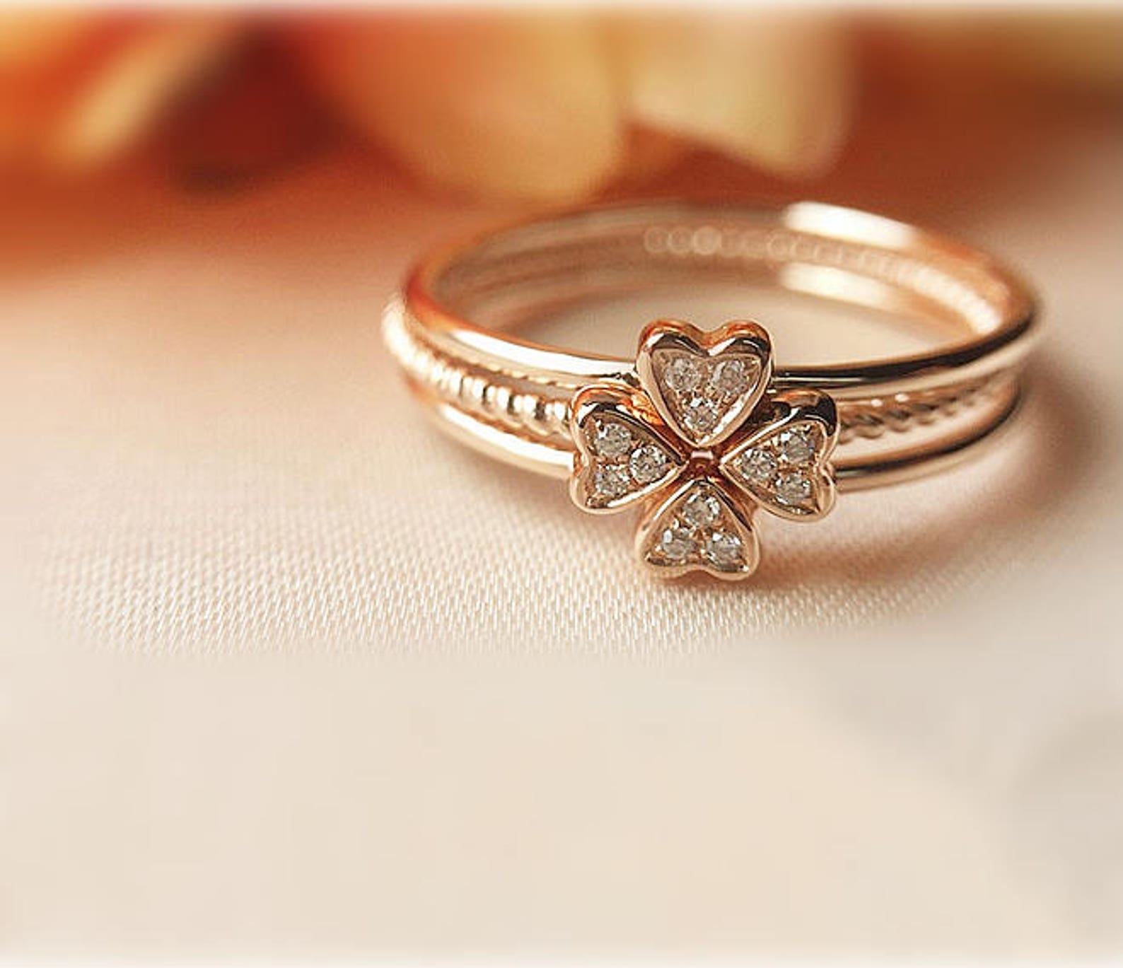 Four Leaf Clover Diamond Ring Set in 18k Solid Gold | Etsy