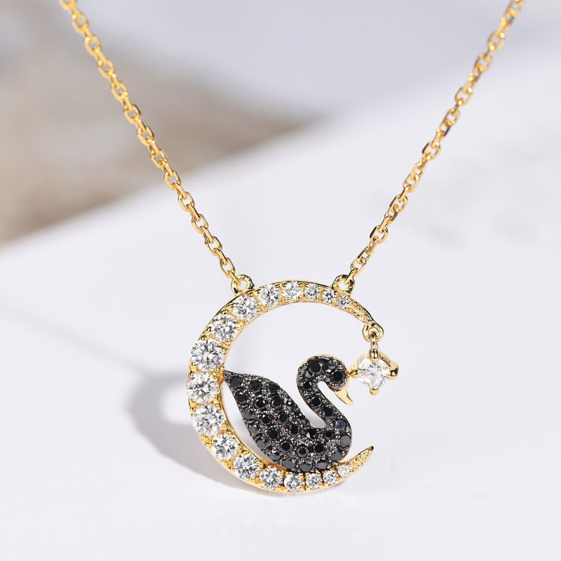 Diamond Swan Crescent Moon Stars Necklace in Solid 18k | Etsy