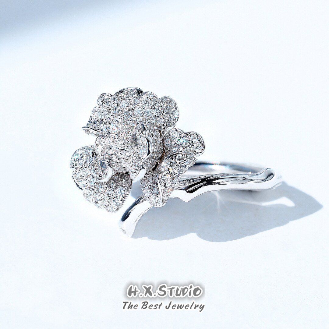 Diamond Flower Branch Ring in Solid 18k Gold/rose Flower Statement Ring ...