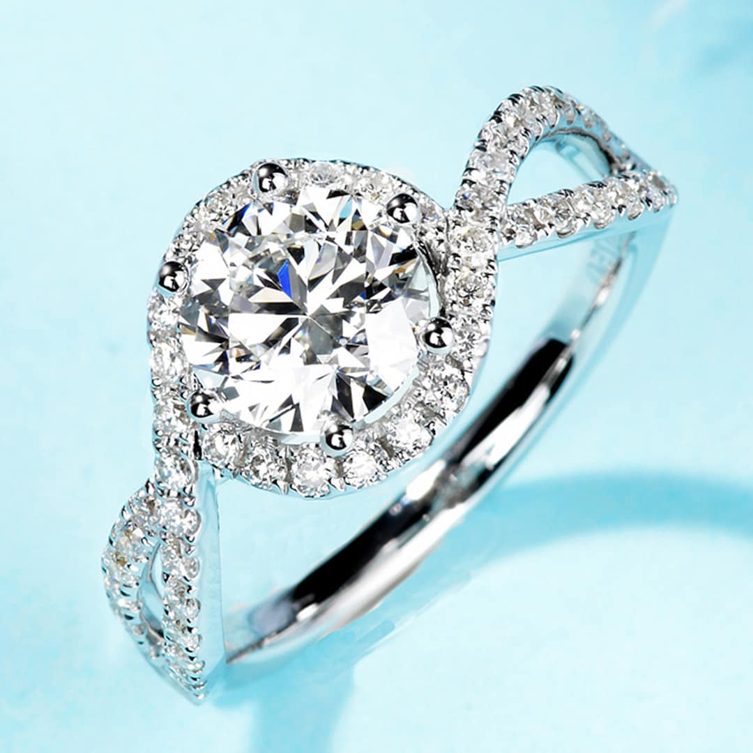 18k Gold Cross Band Halo Engagement Ring (0.4CTW) + 2.0CT Center Lab ...