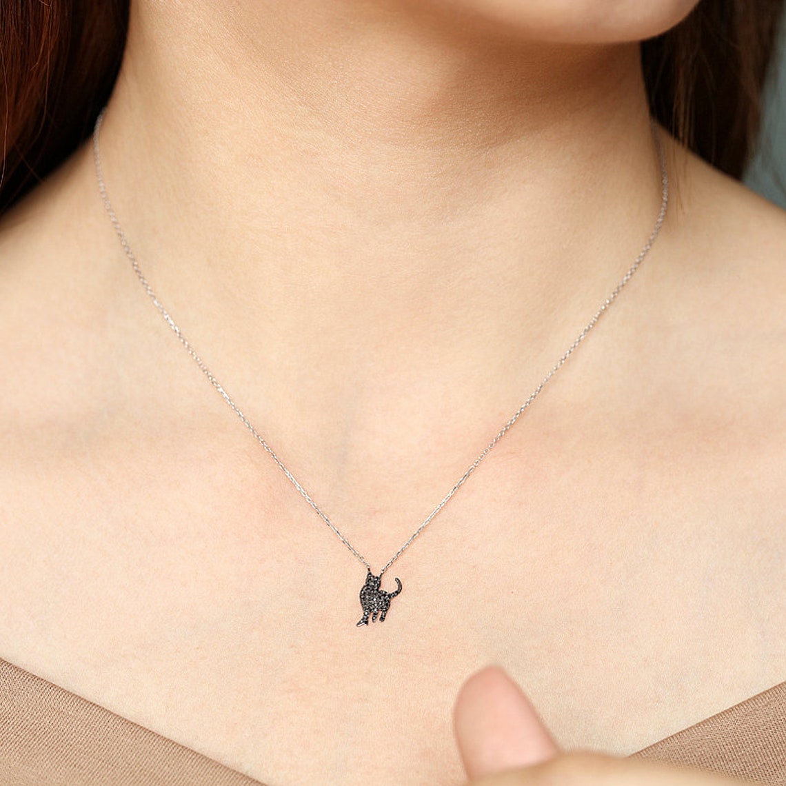 Black Diamond Cat Pendant Necklace in Solid 18k Gold/custom Fine ...