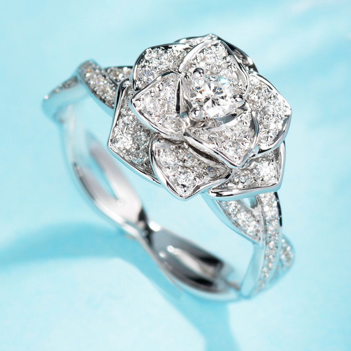 Rose Flower Diamond Ring in Solid 18K Gold/Floral Statement | Etsy